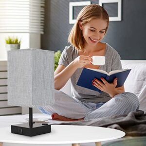 Touch Control Table Lamps Set of 2 - Nightstand Lamp for Bedroom with USB C+A Charging Ports & AC Outlets, 3-Way Dimmable Bedside Lamp Grey Fabric Shade for Bedroom Living Room, Office(Bulb Included)