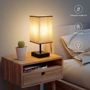 Touch Control Table Lamps Set of 2 - Nightstand Lamp for Bedroom with USB C+A Charging Ports & AC Outlets, 3-Way Dimmable Bedside Lamp Grey Fabric Shade for Bedroom Living Room, Office(Bulb Included)