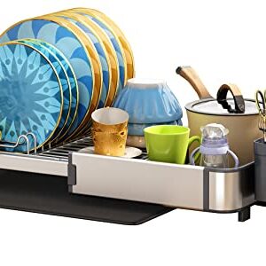 Dish Drying Rack, Aluminium Rustproof Expandable (14.9''-22.3'') Kitchen Counter Dish Rack with Drainboard, Dish Drainer with Drying Mat Utensil Holder Sink Caddy, Silver Grey