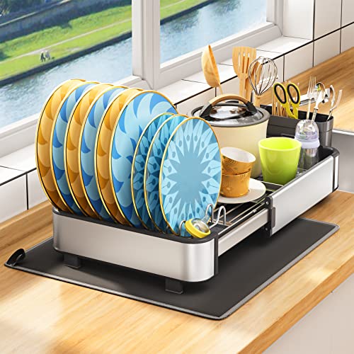 Dish Drying Rack, Aluminium Rustproof Expandable (14.9''-22.3'') Kitchen Counter Dish Rack with Drainboard, Dish Drainer with Drying Mat Utensil Holder Sink Caddy, Silver Grey