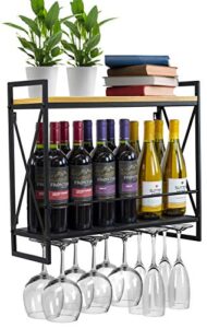 sorbus wine bottle stemware glass rack, industrial 2-tier wood shelf, wall mounted wine racks with 5 stem glass holders for wine glasses, flutes, mugs, home décor, metal