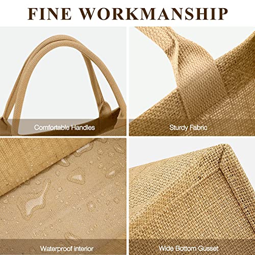 Ndeno Burlap Jute Tote Bags Reusable Cotton Shopping Grocery Bag with Handles, Laminated Interior, bridesmaid tote bags (1pcs, 15.4 x11.8 x5.9 inch)