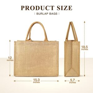 Ndeno Burlap Jute Tote Bags Reusable Cotton Shopping Grocery Bag with Handles, Laminated Interior, bridesmaid tote bags (1pcs, 15.4 x11.8 x5.9 inch)