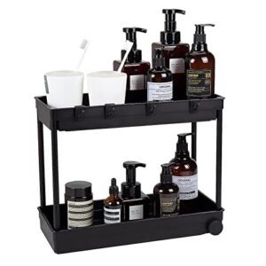 kcbdse under sink organizer, 2 tier bathroom kitchen storage rack with 4 hooks,multi-purpose under sink storage, vanity countertop storage shelf holder, black