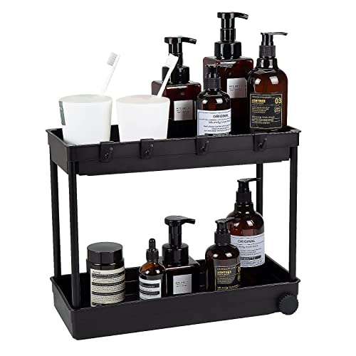 KCBDSE Under Sink Organizer, 2 Tier Bathroom kitchen storage Rack with 4 Hooks,Multi-purpose Under Sink Storage, vanity Countertop Storage Shelf Holder, Black