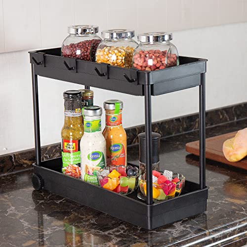 KCBDSE Under Sink Organizer, 2 Tier Bathroom kitchen storage Rack with 4 Hooks,Multi-purpose Under Sink Storage, vanity Countertop Storage Shelf Holder, Black