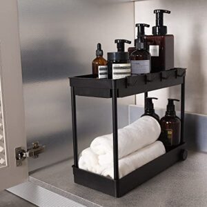 KCBDSE Under Sink Organizer, 2 Tier Bathroom kitchen storage Rack with 4 Hooks,Multi-purpose Under Sink Storage, vanity Countertop Storage Shelf Holder, Black