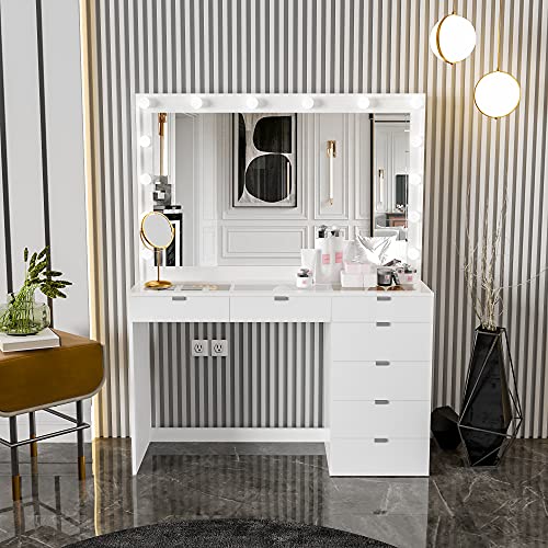 Boahaus Serena Modern Makeup Vanity with Hollywood Light Bulbs Add-On, 7 Drawers, Wide Mirror, Glam Glass Top for Bedroom