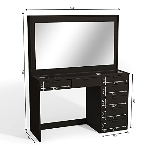 Boahaus Serena Modern Makeup Vanity with Hollywood Light Bulbs Add-On, 7 Drawers, Wide Mirror, Glam Glass Top for Bedroom