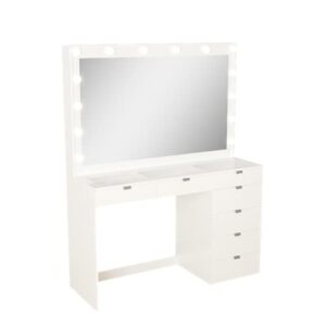 Boahaus Serena Modern Makeup Vanity with Hollywood Light Bulbs Add-On, 7 Drawers, Wide Mirror, Glam Glass Top for Bedroom