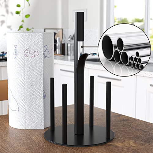 4 Arms Design Paper Towel Holder Black Kitchen Roll Holder, Premium Stainless Steel Paper Towel Holder for Kitchen Roll Organize, One-Handed Operation Countertop Roll Dispenser