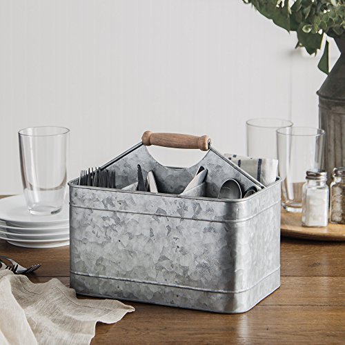 Elegant Home Galvanized Flatware Caddy Organizer for Kitchen Counter-top / Outdoor Storage Dining Table - Comfortable Handle (Rectangular)