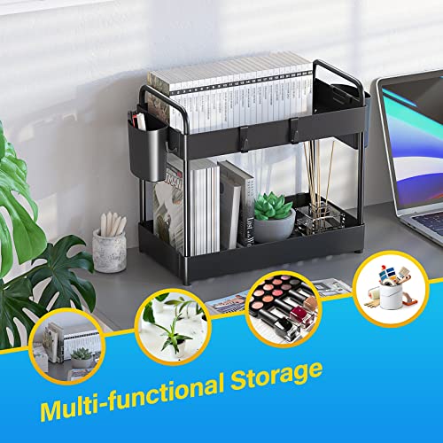 2 Pack Under Sink Organizers and Storage,2 Tier Under Bathroom Storage Rack with 12 Hooks,4 Hanging Cup, Bathroom Under Sink Shelf Cabinet Organizer Basket,Kitchen Multi-purpose Under Sink Storage