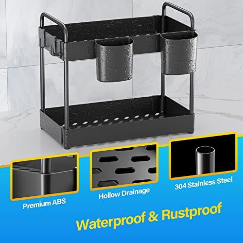 2 Pack Under Sink Organizers and Storage,2 Tier Under Bathroom Storage Rack with 12 Hooks,4 Hanging Cup, Bathroom Under Sink Shelf Cabinet Organizer Basket,Kitchen Multi-purpose Under Sink Storage