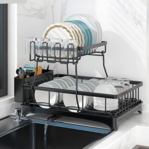 dish drying rack for kitchen counter, 2 tier large kitchen drying rack with drainboard, anti-rust stainless steel dish drainer with utensil holder wine glass holder for cup bowl plate