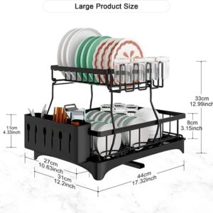 Dish Drying Rack for Kitchen Counter, 2 Tier Large Kitchen Drying Rack with Drainboard, Anti-Rust Stainless Steel Dish Drainer with Utensil Holder Wine Glass Holder for Cup Bowl Plate