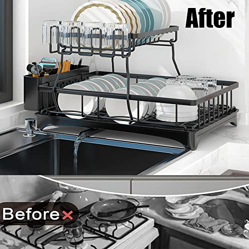 Dish Drying Rack for Kitchen Counter, 2 Tier Large Kitchen Drying Rack with Drainboard, Anti-Rust Stainless Steel Dish Drainer with Utensil Holder Wine Glass Holder for Cup Bowl Plate