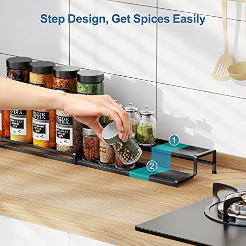 Warmfill Spice Rack Organizer For Cabinet 2 Tier Black Expandable Spice Rack for Pantry, Spice Organizer Display Shelf from 14.5 to 27.3 inch