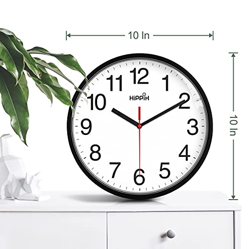 HIPPIH Clock Black Wall Clock Silent Non Ticking Quality Quartz - 10 Inch Round Easy to Read for Home Office & School Decor Clock