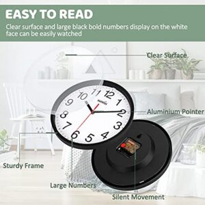 HIPPIH Clock Black Wall Clock Silent Non Ticking Quality Quartz - 10 Inch Round Easy to Read for Home Office & School Decor Clock