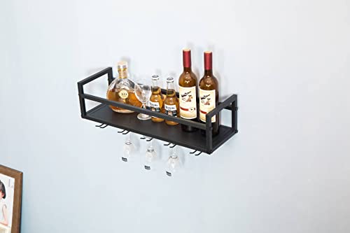 Fhesap Wall Mounted Wine Rack, Hanging Wine Rack, Wine Glass Rack Holds Wine Bottles and 5 Stemware Glass Holder, Metal Wine Storage Rack for Home Kitchen, Dining Room, Bar Décor, Black