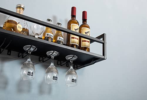 Fhesap Wall Mounted Wine Rack, Hanging Wine Rack, Wine Glass Rack Holds Wine Bottles and 5 Stemware Glass Holder, Metal Wine Storage Rack for Home Kitchen, Dining Room, Bar Décor, Black