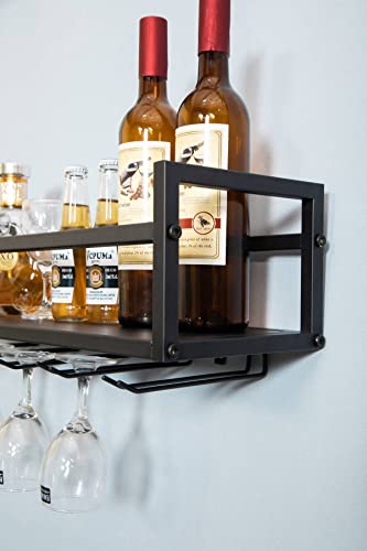 Fhesap Wall Mounted Wine Rack, Hanging Wine Rack, Wine Glass Rack Holds Wine Bottles and 5 Stemware Glass Holder, Metal Wine Storage Rack for Home Kitchen, Dining Room, Bar Décor, Black