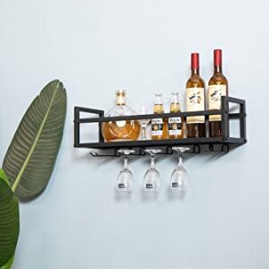 Fhesap Wall Mounted Wine Rack, Hanging Wine Rack, Wine Glass Rack Holds Wine Bottles and 5 Stemware Glass Holder, Metal Wine Storage Rack for Home Kitchen, Dining Room, Bar Décor, Black