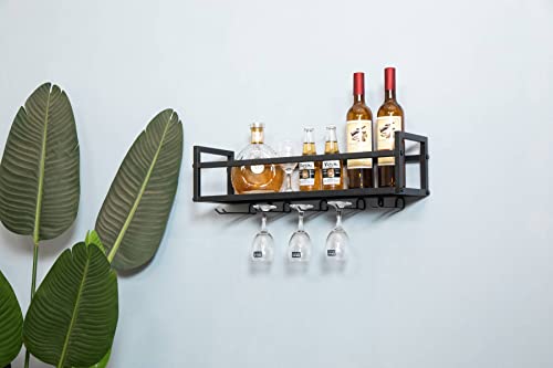 Fhesap Wall Mounted Wine Rack, Hanging Wine Rack, Wine Glass Rack Holds Wine Bottles and 5 Stemware Glass Holder, Metal Wine Storage Rack for Home Kitchen, Dining Room, Bar Décor, Black