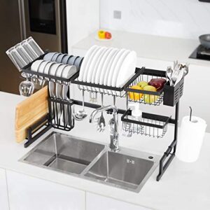 Befano Over The Sink Dish Drying Rack Adjustable (33.5-42.5" Inch), 2 Tier Large Stainless Steel Dish Drainer for Countertop, Kitchen Storage Organizer with 5 Utility Hooks and Paper Holder -Black