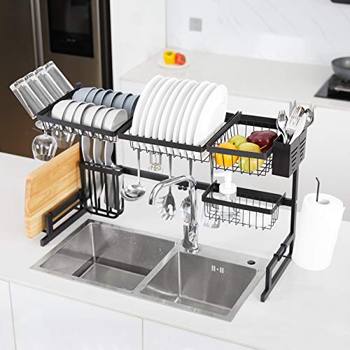 Befano Over The Sink Dish Drying Rack Adjustable (33.5-42.5" Inch), 2 Tier Large Stainless Steel Dish Drainer for Countertop, Kitchen Storage Organizer with 5 Utility Hooks and Paper Holder -Black