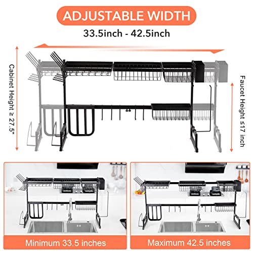 Befano Over The Sink Dish Drying Rack Adjustable (33.5-42.5" Inch), 2 Tier Large Stainless Steel Dish Drainer for Countertop, Kitchen Storage Organizer with 5 Utility Hooks and Paper Holder -Black