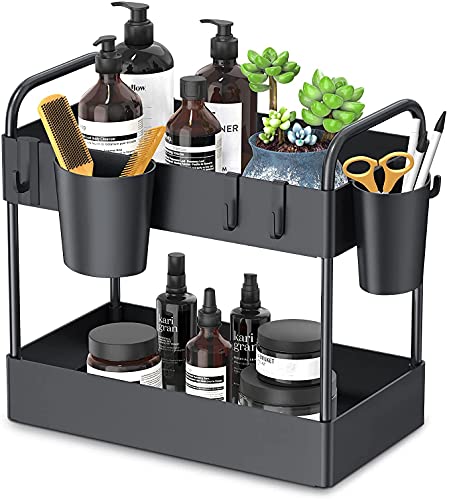 Under Sink Organizer | Bathroom Countertop Organizer | Multi Purpose Under Sink Storage Organizer |Size 2 Tier Kitchen Basket Show Black