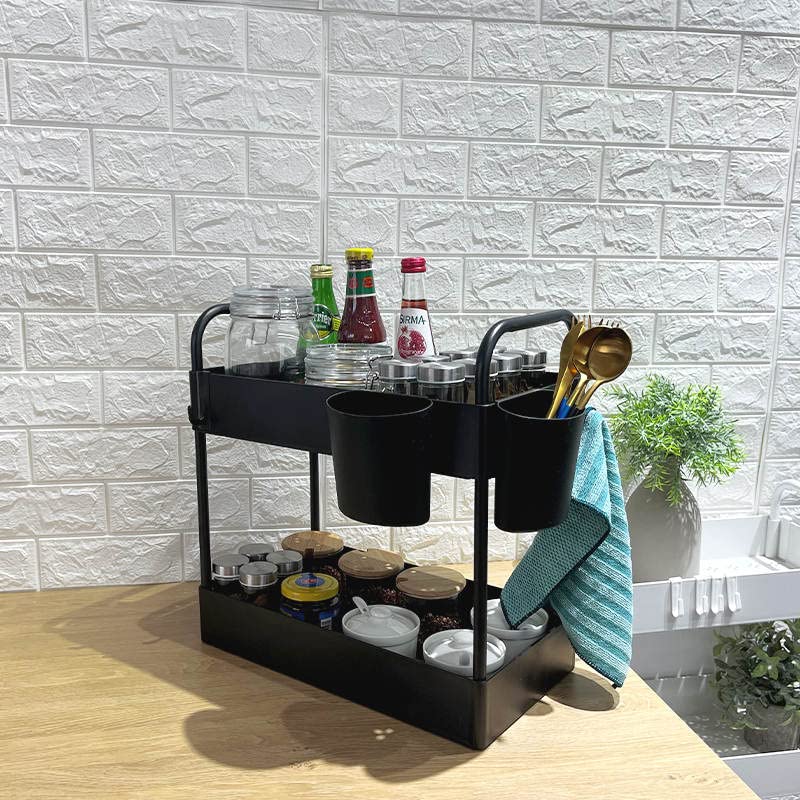 Under Sink Organizer | Bathroom Countertop Organizer | Multi Purpose Under Sink Storage Organizer |Size 2 Tier Kitchen Basket Show Black