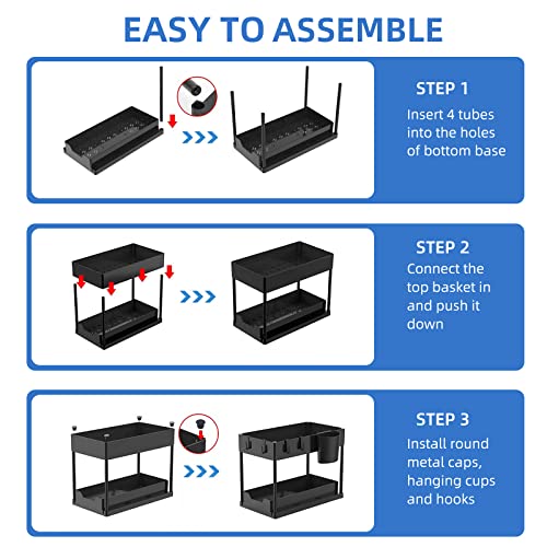 Under Sink Organizers and Storage 2 Pack, 2 Tier Under Cabinet Organizer, Bathroom Counter Organizer, Multi-purpose Kitchen Bathroom Sink Storage with Sliding Storage Drawer, 8 Hooks, 2 Cups