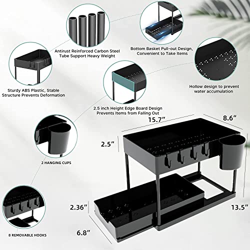 Under Sink Organizers and Storage 2 Pack, 2 Tier Under Cabinet Organizer, Bathroom Counter Organizer, Multi-purpose Kitchen Bathroom Sink Storage with Sliding Storage Drawer, 8 Hooks, 2 Cups