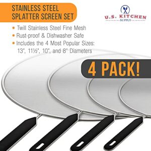 U.S. Kitchen Supply Set of 4 Classic Splatter Screens, 13", 11.5", 10", and 8" - Stainless Steel Fine Mesh, Comfort Grip Handles - Use on Boiling Pots Frying Pans - Grease Oil Guard, Safe Cooking Lid