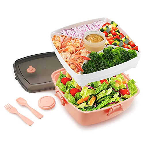 GREENRAIN Salad Lunch Container To Go - 40-oz Salad Bowl with 5-Compartments Bento Style Tray, BPA-Free Leak-Proof Lunch Box with Reusable Fork Spoon and Sauce Container for Food Snack (Pink)