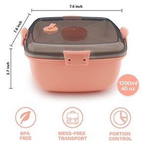 GREENRAIN Salad Lunch Container To Go - 40-oz Salad Bowl with 5-Compartments Bento Style Tray, BPA-Free Leak-Proof Lunch Box with Reusable Fork Spoon and Sauce Container for Food Snack (Pink)