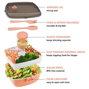 GREENRAIN Salad Lunch Container To Go - 40-oz Salad Bowl with 5-Compartments Bento Style Tray, BPA-Free Leak-Proof Lunch Box with Reusable Fork Spoon and Sauce Container for Food Snack (Pink)