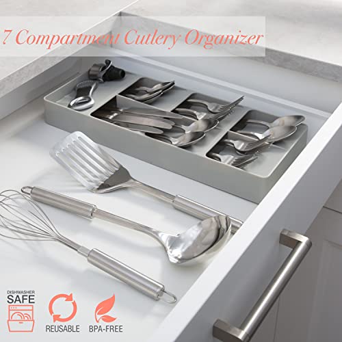 Kitchen Details 7 Slot Cutlery Drawer Organizer | Utensil Tray | Silverware Holder | Knife Spoon Fork | Flatware Storage & Organization | Grey