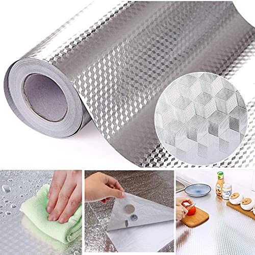 Kitchen Backsplash Stickers, 196.85X15.75 Inch Kitchen Wallpaper Stickers Self Adhesive Kitchen Aluminum Foil Stickers Oil Proof Waterproof (Silver Cube Texture)