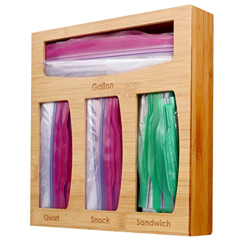 Bamboo Ziplock Bag Organizer - Sandwich,Quart,Snack,Gallon Bag Organizer for Drawer, Compatible with Variety Brand Bags, 4 In 1 Ziplock Bag Storage Organizer.