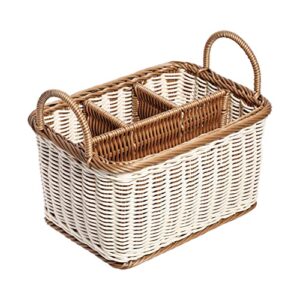 Hemoton Wicker Divided Storage Basket Silverware Caddy Woven Natural Basket, Storage Basket Organizer, Utensil Holder, Forks, Spoons, Knives, Napkins, Perfect for Desk Supplies, Pencil, Pens, Staples