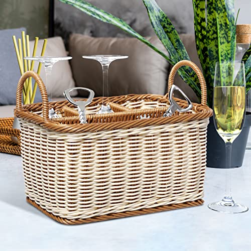 Hemoton Wicker Divided Storage Basket Silverware Caddy Woven Natural Basket, Storage Basket Organizer, Utensil Holder, Forks, Spoons, Knives, Napkins, Perfect for Desk Supplies, Pencil, Pens, Staples