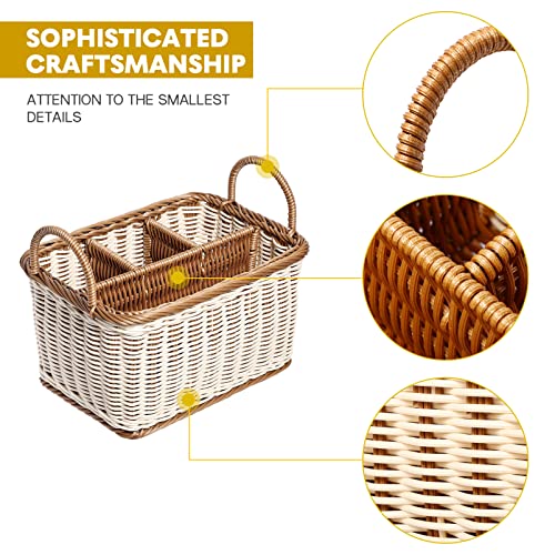 Hemoton Wicker Divided Storage Basket Silverware Caddy Woven Natural Basket, Storage Basket Organizer, Utensil Holder, Forks, Spoons, Knives, Napkins, Perfect for Desk Supplies, Pencil, Pens, Staples