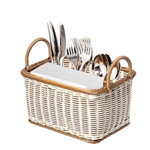 Hemoton Wicker Divided Storage Basket Silverware Caddy Woven Natural Basket, Storage Basket Organizer, Utensil Holder, Forks, Spoons, Knives, Napkins, Perfect for Desk Supplies, Pencil, Pens, Staples