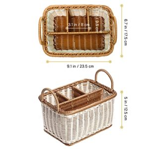 Hemoton Wicker Divided Storage Basket Silverware Caddy Woven Natural Basket, Storage Basket Organizer, Utensil Holder, Forks, Spoons, Knives, Napkins, Perfect for Desk Supplies, Pencil, Pens, Staples