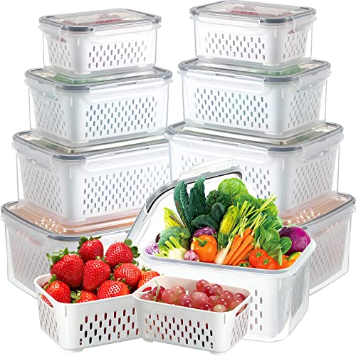 8 Pack Fridge Organizers Fruit Storage Containers for Fridge Produce Saver Containers Bins with Lid & Removable Drain Colanders Refrigerator Storage Organizer for Salad, Vegetable, Berry, Lettuce