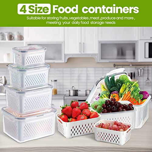 8 Pack Fridge Organizers Fruit Storage Containers for Fridge Produce Saver Containers Bins with Lid & Removable Drain Colanders Refrigerator Storage Organizer for Salad, Vegetable, Berry, Lettuce